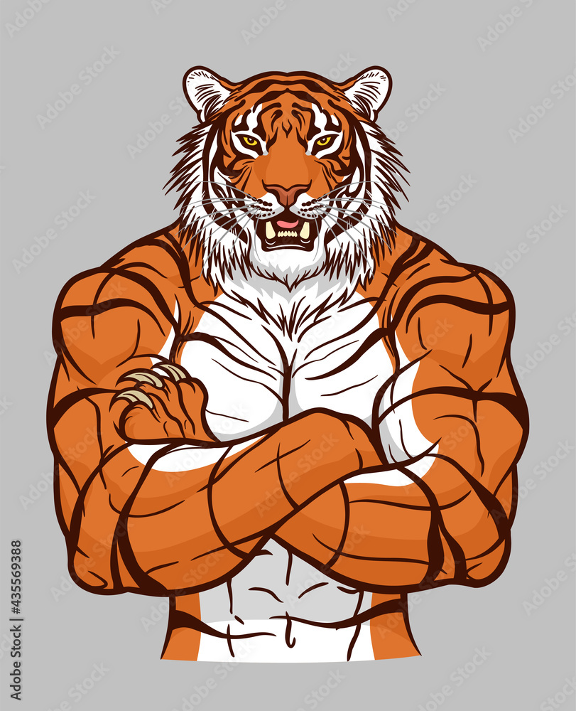 Strong tiger bodybuilder digital ink illustration. Can be used as gym ...