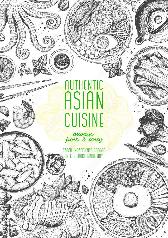 Asian cuisine top view frame. Food menu design with noodles,ramen ...