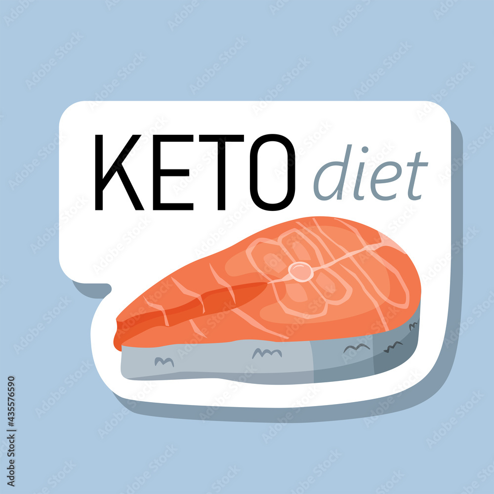 Logo of Ketogenic diet with salmon steak. Typographic sign keto ...