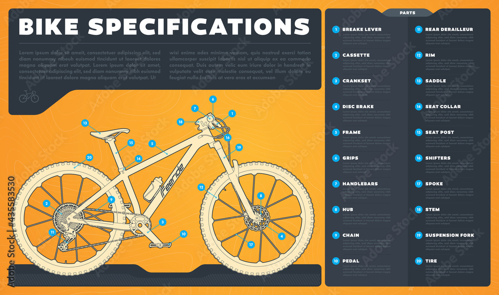 Vector infographic mountain bike specifications. Picture with lots of ...