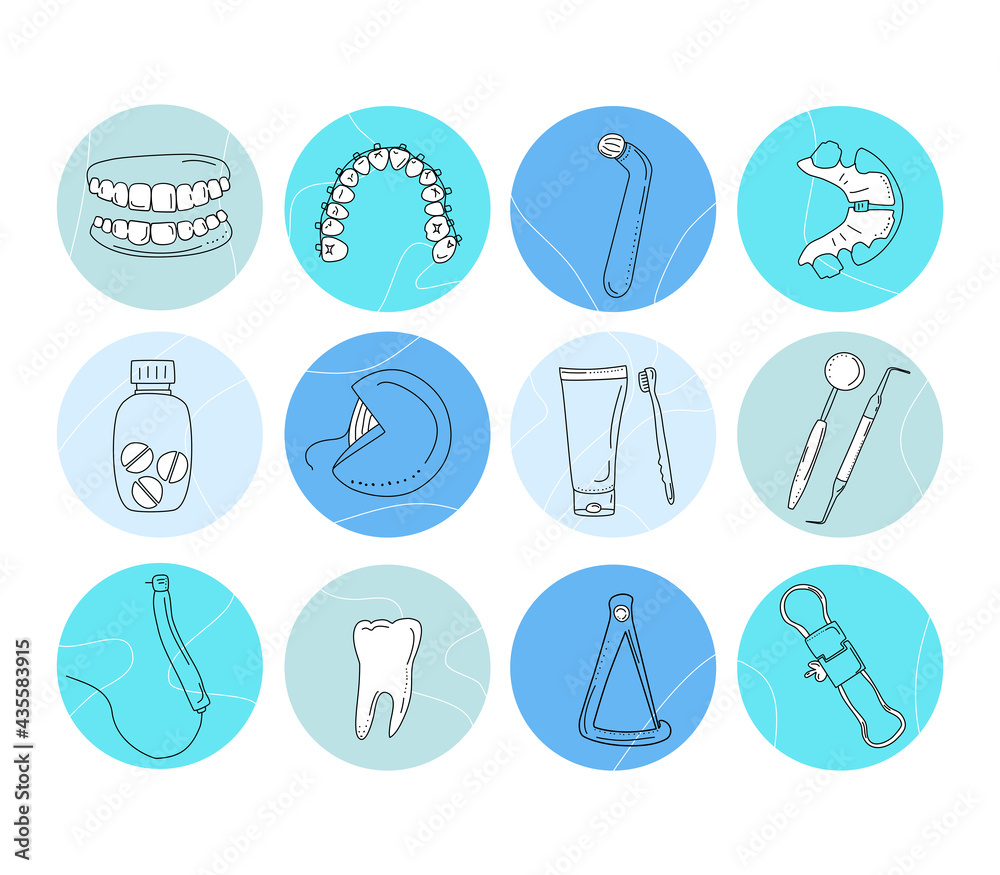 Dental tools and instruments set in doodle style.Medical blog.Round ...