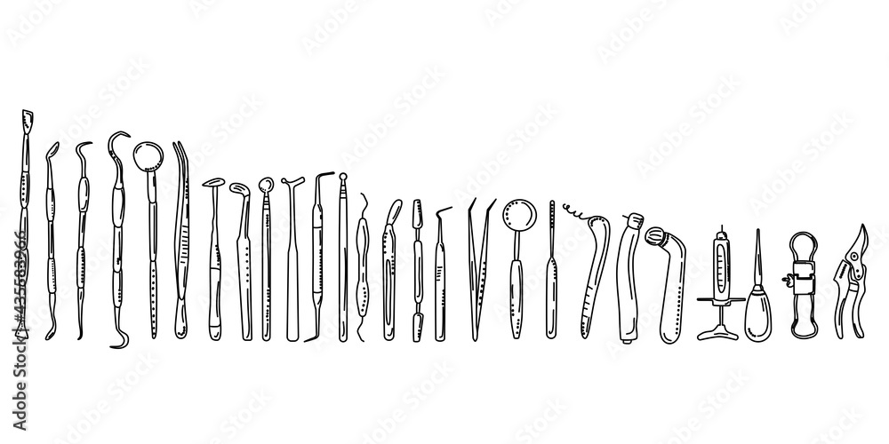 Dental tools and instruments set in doodle style.Line art banner ...