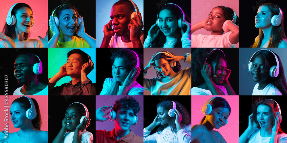 Collage of portraits of an ethnically diverse people isolated over ...