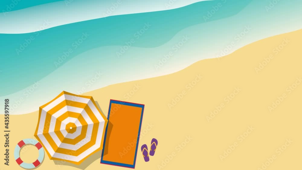 Animated summer background. Beach and sea with umbrella and waves of ...