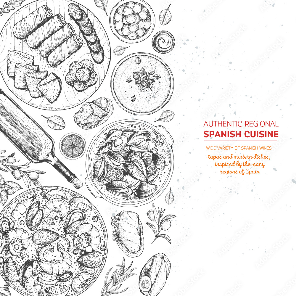 Spanish Cuisine Top View Frame A Set Of Spanish Dishes With Croquetas spanish-cuisine-top-view-frame-a-set-of-spanish-dishes-with-croquetas