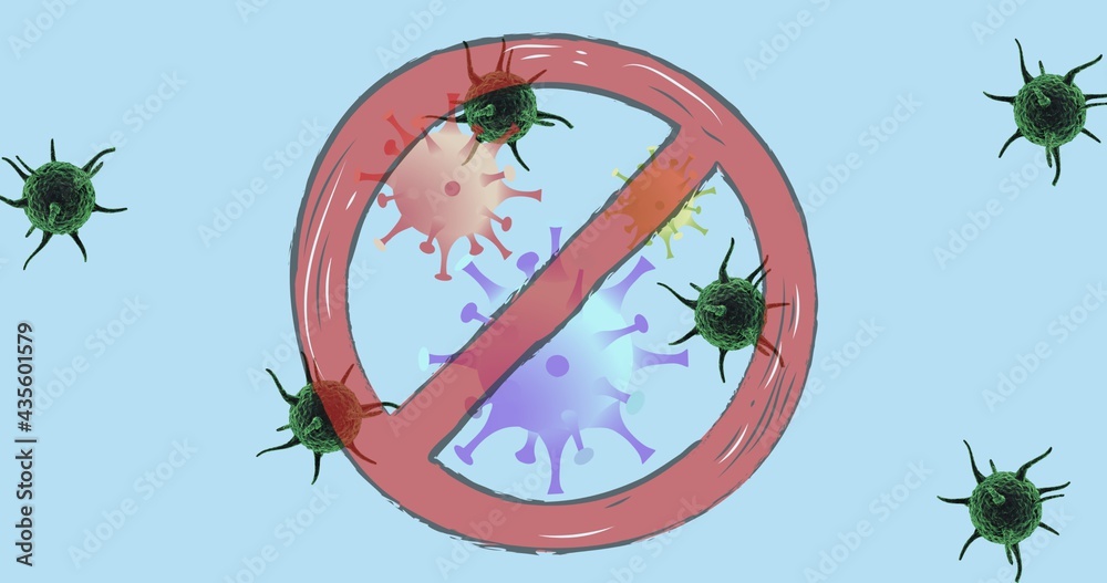 Composition of no entry sign over covid 19 cells on blue background ...