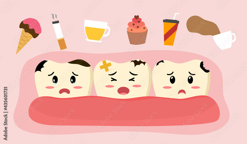 Sad cavity tooth cartoon with products that damage teeth in flat design ...