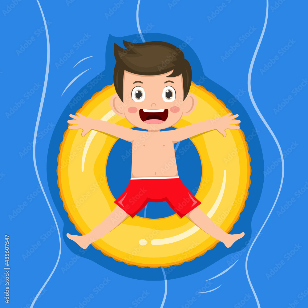 Top view happy little boy kid floating on inflatable swimming rings in ...