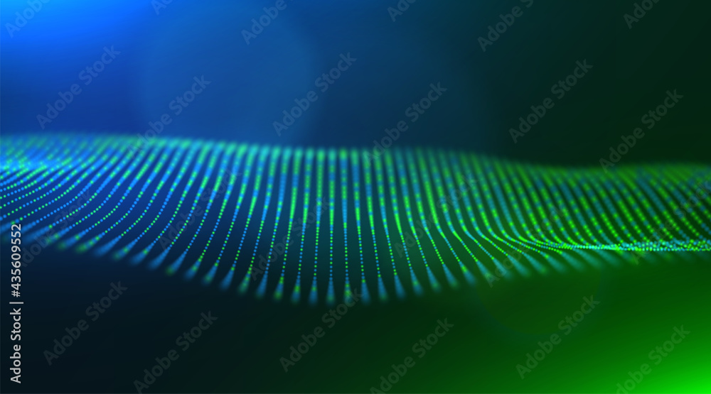 Abstract green and blue particles background. Flow wave with dot ...