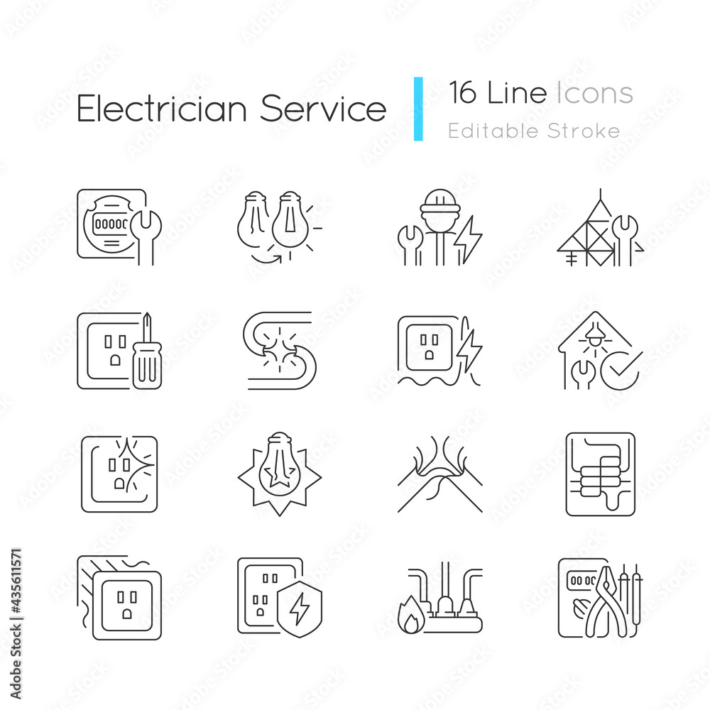 Electrician service linear icons set. Changing lightbulb. Operating ...