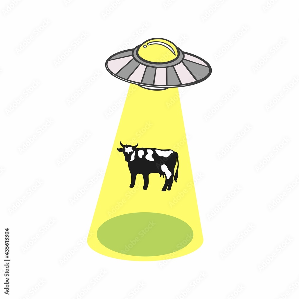 Vector illustration of a flying saucer kidnaps a cow. UFO, aliens ...
