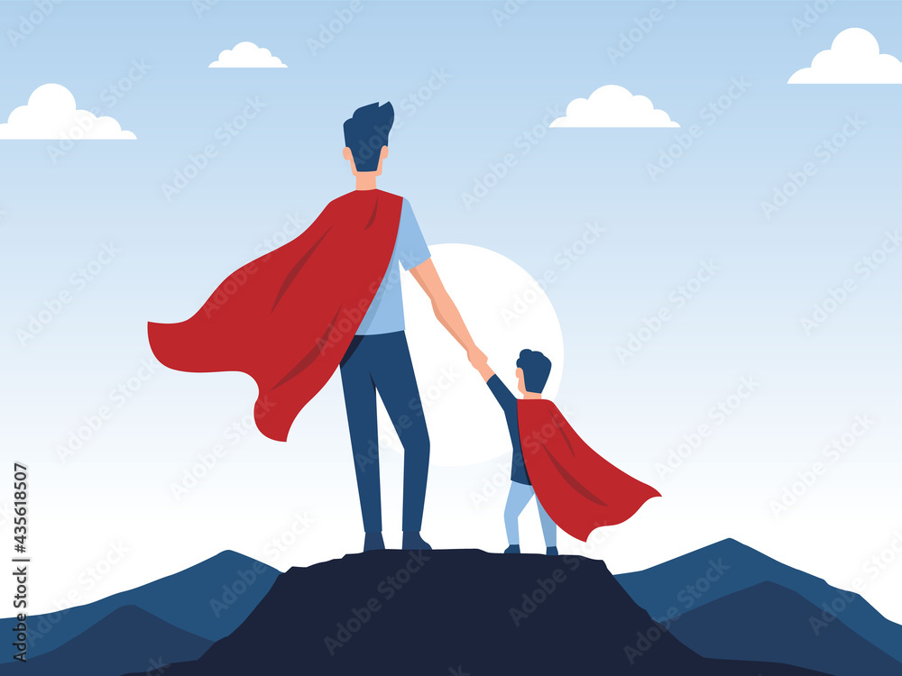 happy father day family holiday, wearing red cape hold dad hand stand ...