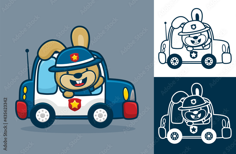 Rabbit wearing cop hat on police car. Vector cartoon illustration in ...