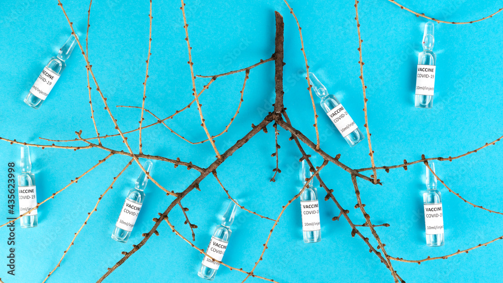 Coronavirus Covid-19 vaccine vials with tree brunches. Respiratory ...