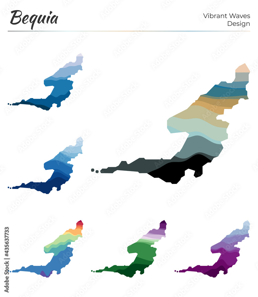 Set of vector maps of Bequia. Vibrant waves design. Bright map of ...