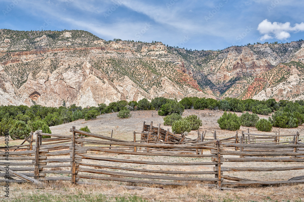 cattle corral in arid landscape of north western Colorado with ...