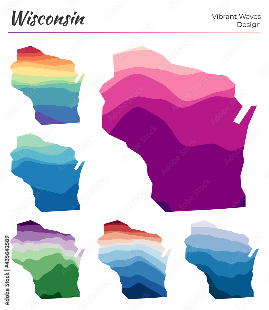 Set of vector maps of Wisconsin. Vibrant waves design. Bright map of us ...