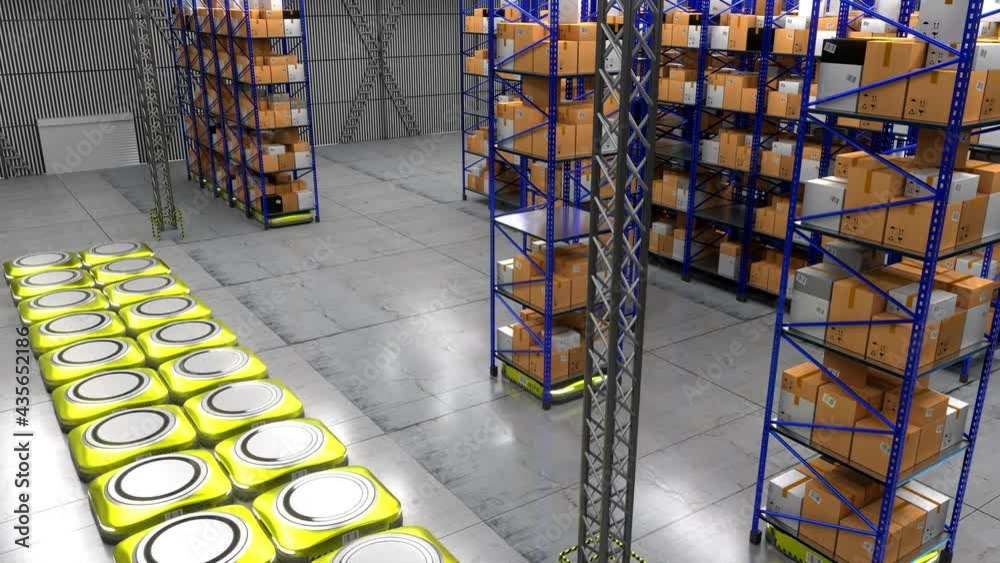 Autonomous robots moving around rack shelves with packages in warehouse ...