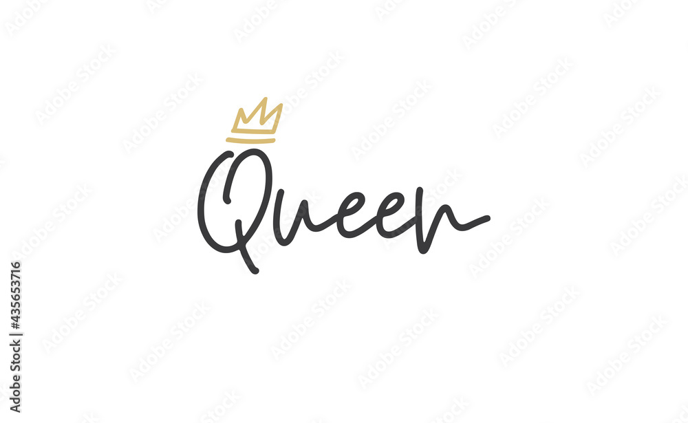 Queen word lettering with gold doodle crown. Vector illustration ...