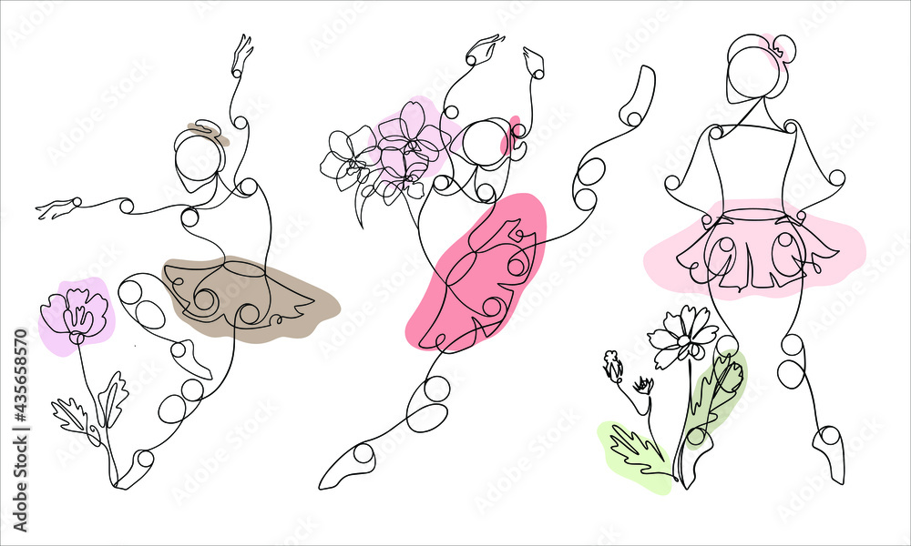 Set of ballet dancers, ballerina, trendy line art for stickers with ...