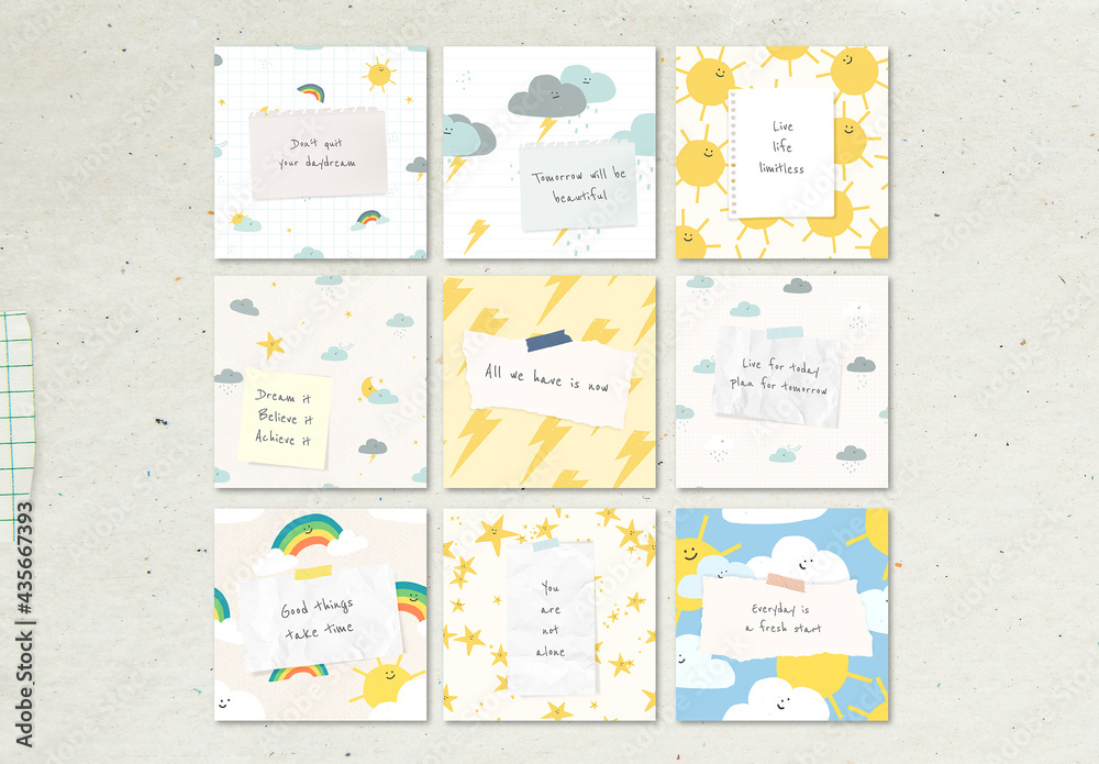 Cheerful Quote Layout with Cute Weather Drawings Collection Stock ...