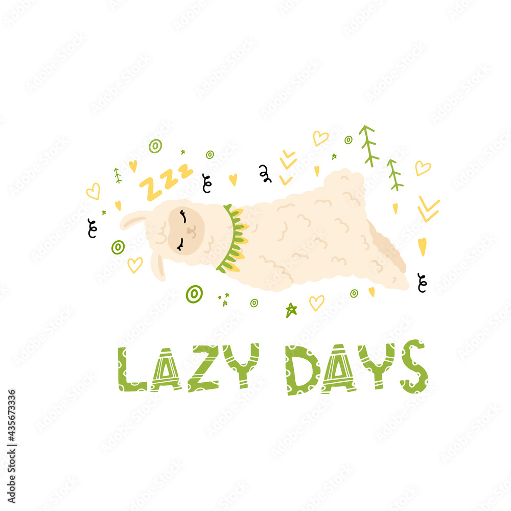 The sleeping llama. Cute lazy animal. A pattern with a lama and an ...