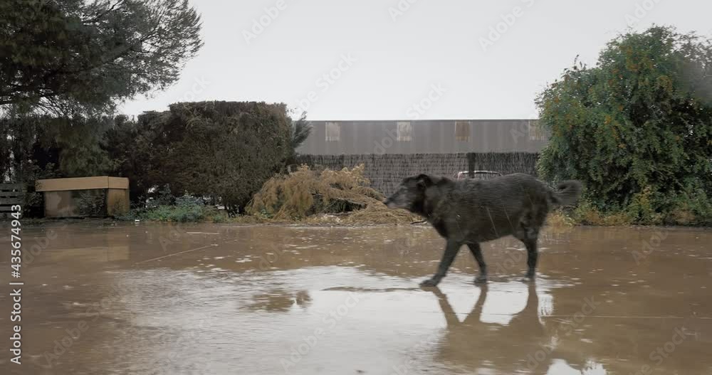 Brother dog puppies playing and running under a heavy storm. Black ...