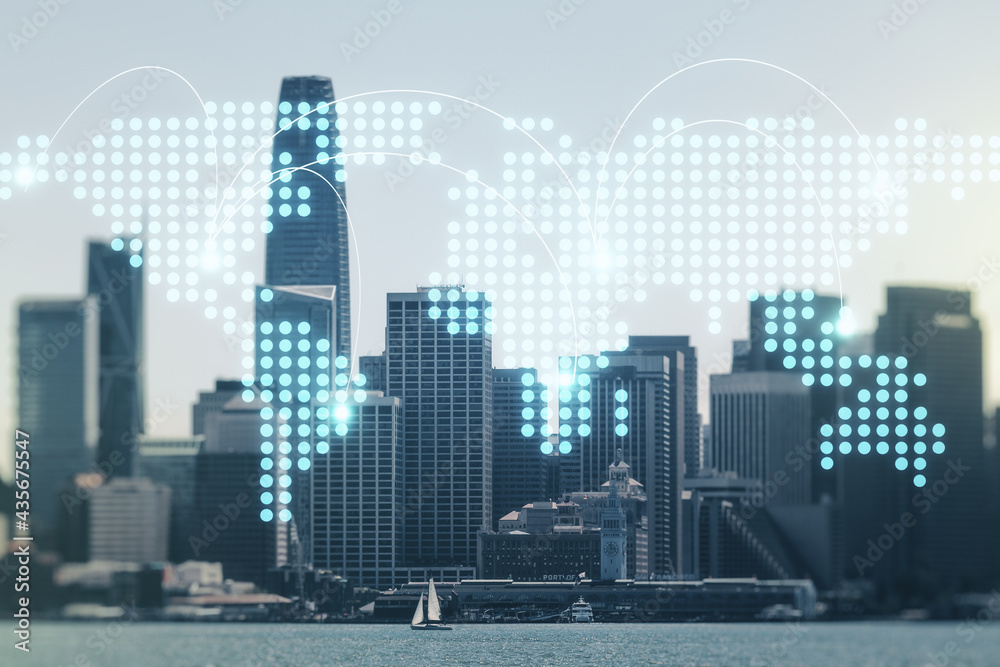 Abstract virtual world map with connections on San Francisco skyline ...