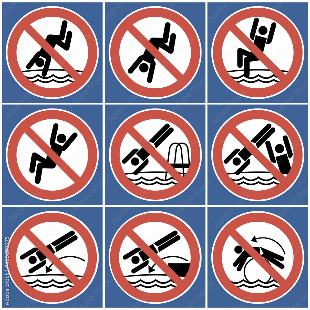 Jumping into the water is prohibited. A set of signs. Round poster ...