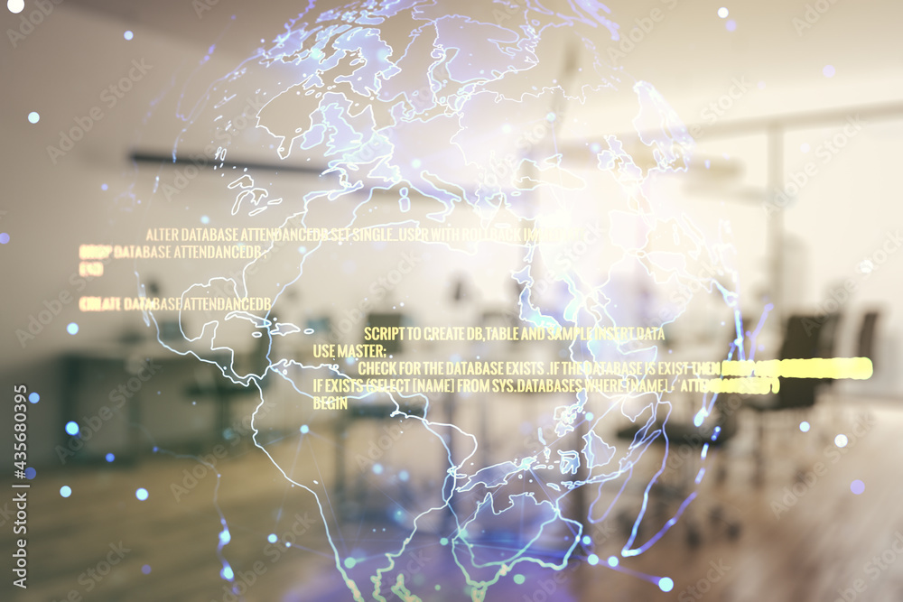 Double exposure of abstract programming language hologram and world map ...