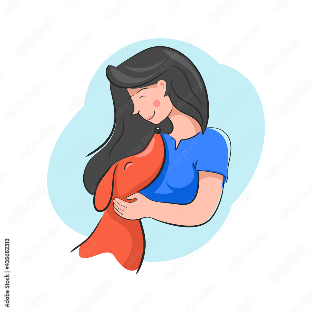 Girl hug dog. Female hugging puppy with love, pretty friendship of man ...