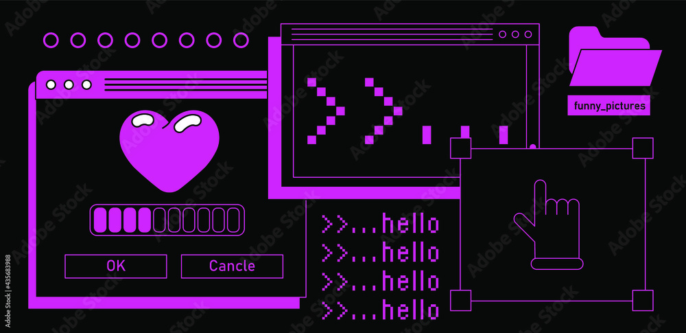 Retrowave style desktop with message boxes, terminal console window and ...