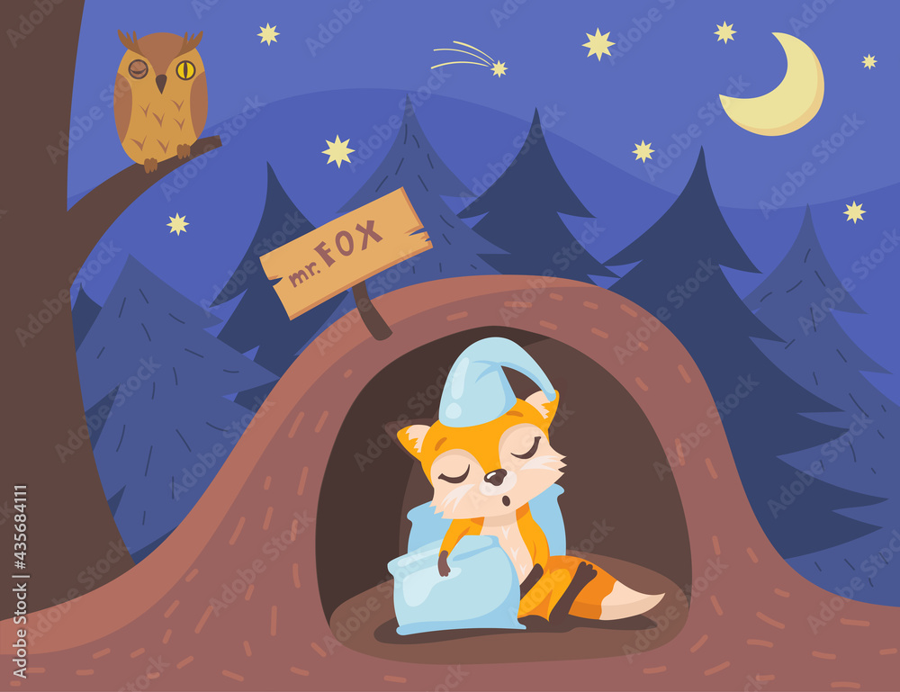 Cute fox character sleeping in burrow cartoon illustration. Sleepy ...