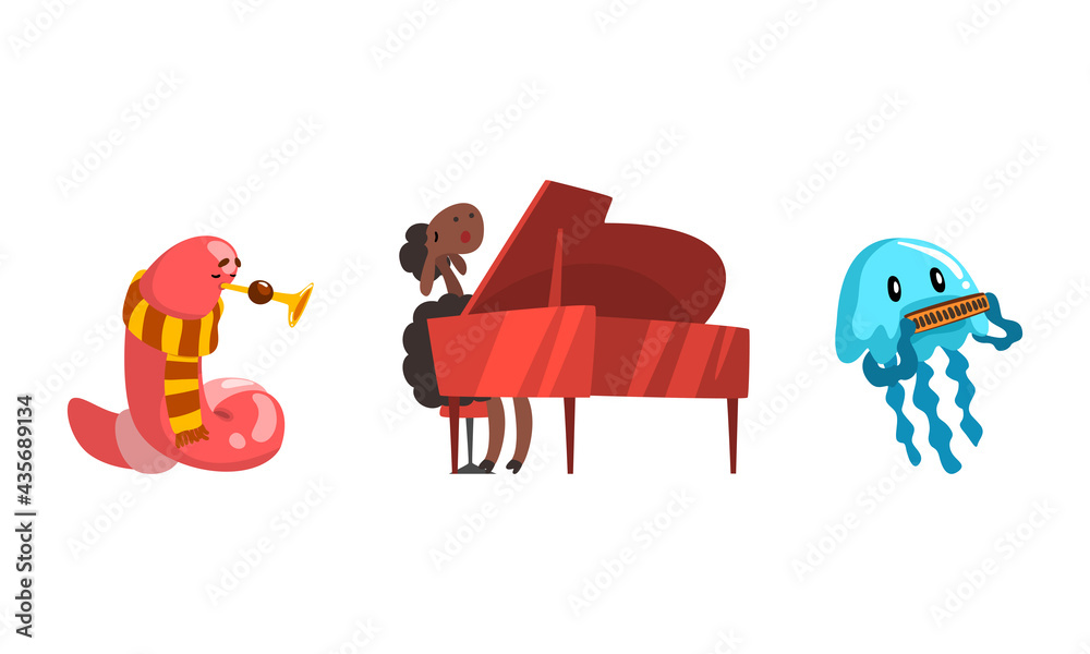 Musician Animals Characters with Musical Instruments Set, Snake, Sheep ...