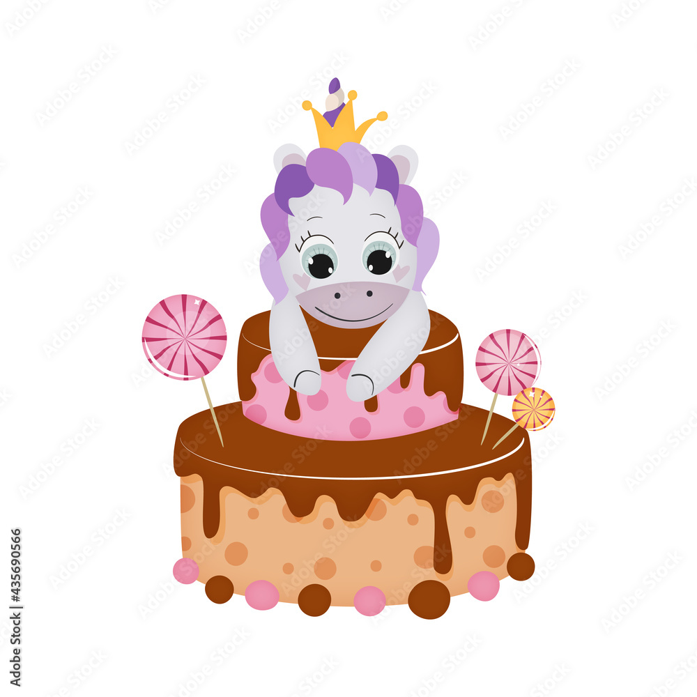 Birthday cake with unicorn and candy in cartoon style. Vector ...