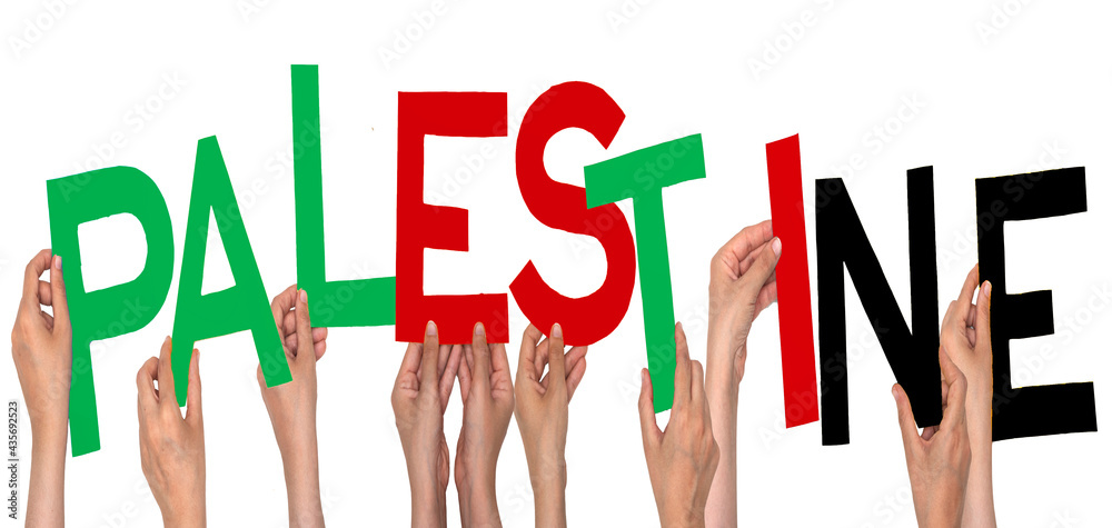 people hands forming Palestine with colorful alphabets. Save palestine ...