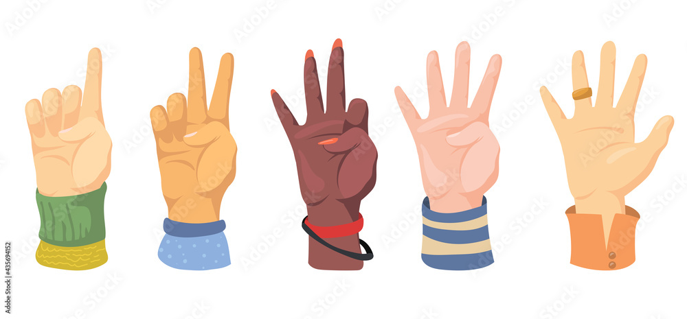 Set of different human hands counting on fingers. Cartoon vector ...