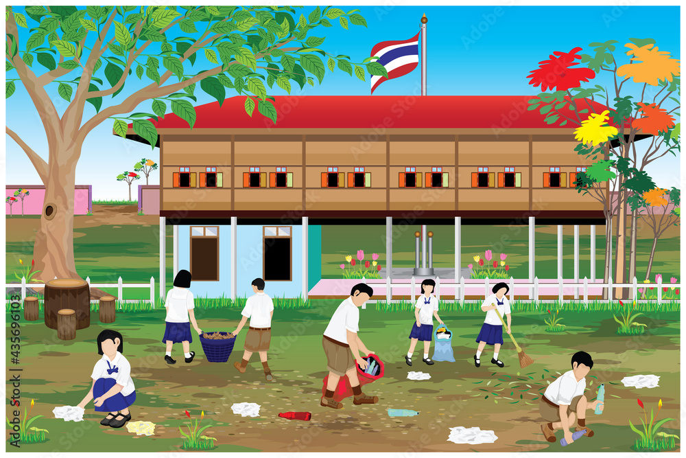 The students helped clean up the garbage in the school area vector ...