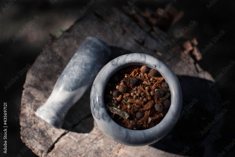 mortero ,alimento, café, café, especia, bol, negro, ingrediente ...