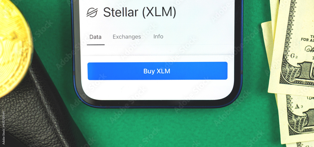 Stellar XLM crypto currency symbol on the screen of mobile phone, trade ...