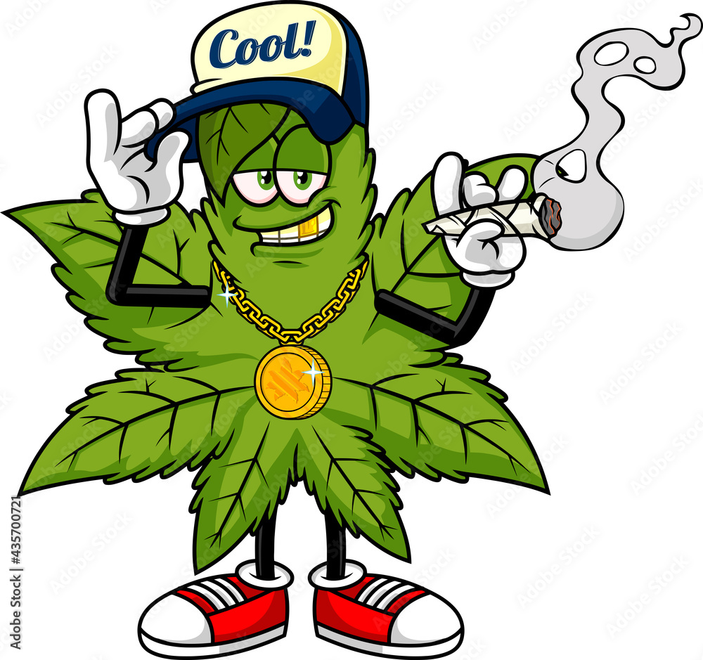 Grafika wektorowa Stock: Gangsta Marijuana Leaf Cartoon Character Smoking A Joint. Vector Hand ...