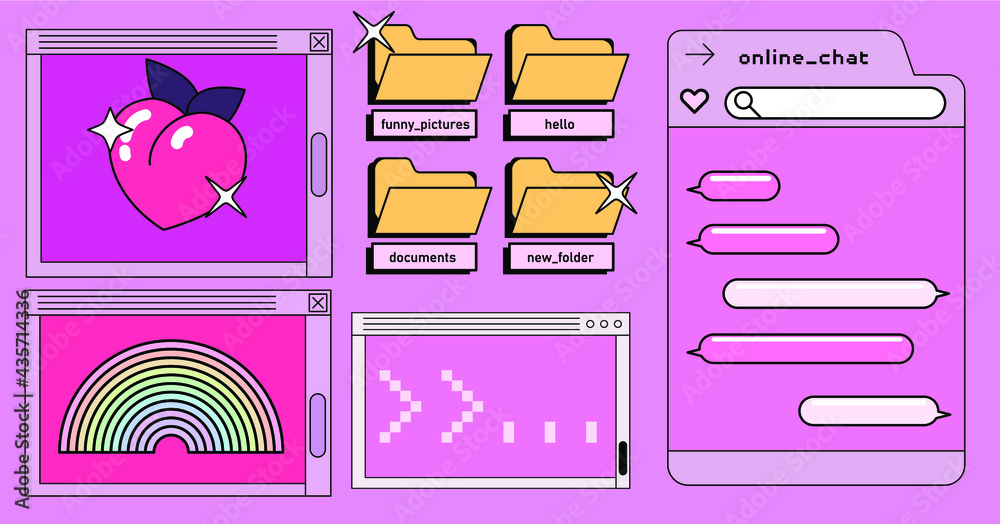 Retrowave style desktop with message boxes, terminal console window and ...