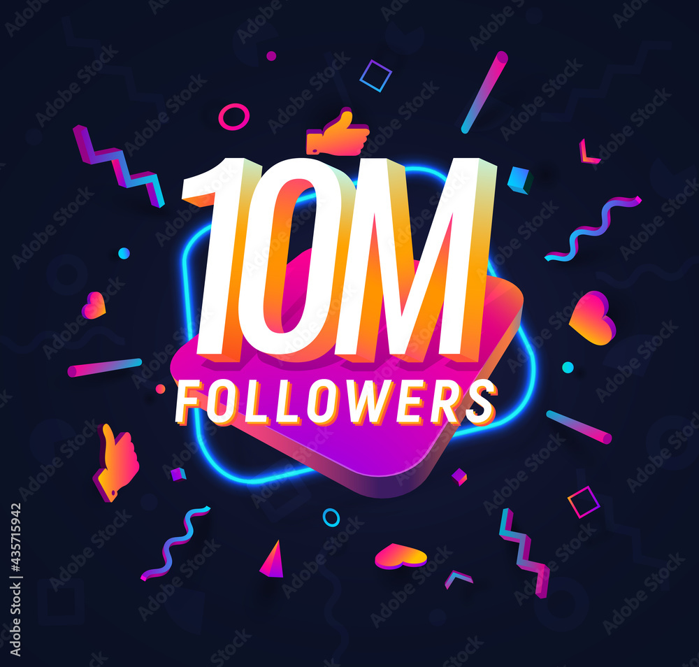 10m followers celebration in social media vector web banner on dark background. Ten millions ...