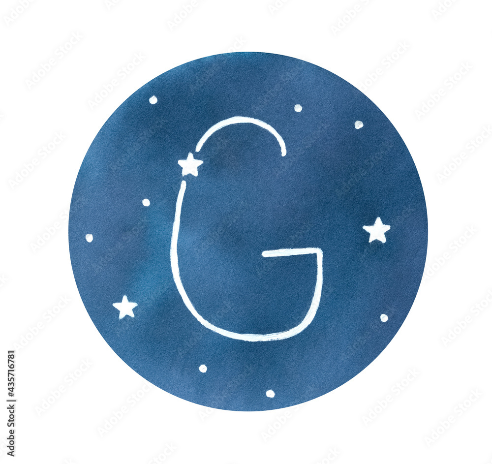 Navy blue watercolor starry sky with letter G constellation contour ...