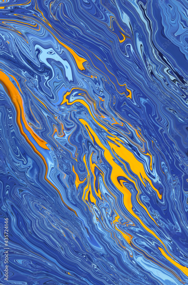Abstract bright fluid blue and yellow background. Art trippy digital ...