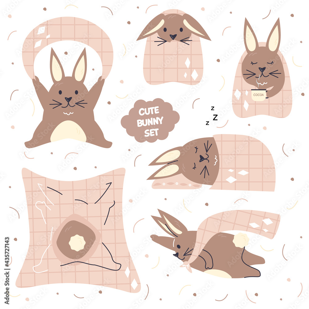 Cute bunny with blanket in Scandinavian style. Funny doodle rabbit set ...