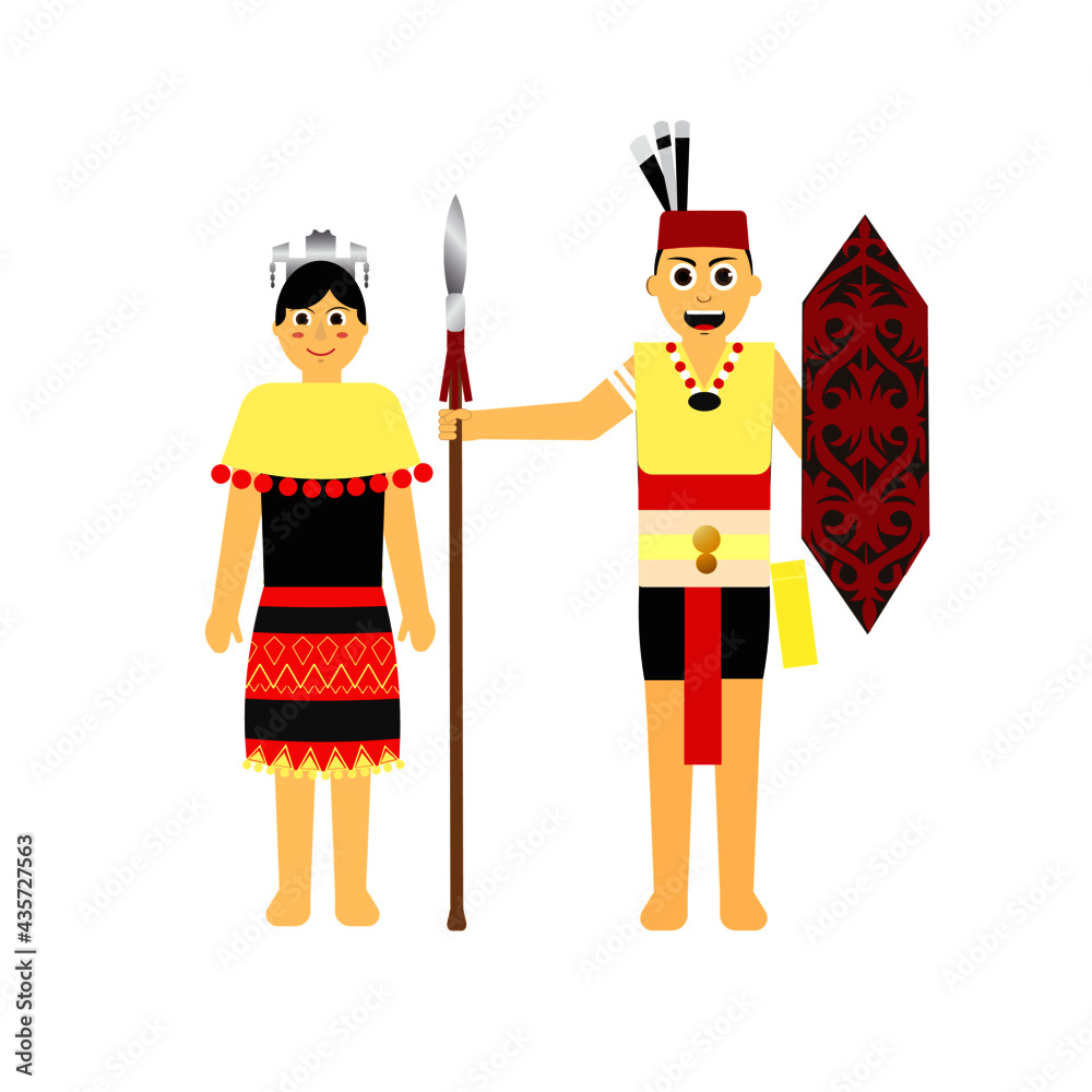 A vector of Sarawak men and women wearing traditional cloth with blow ...