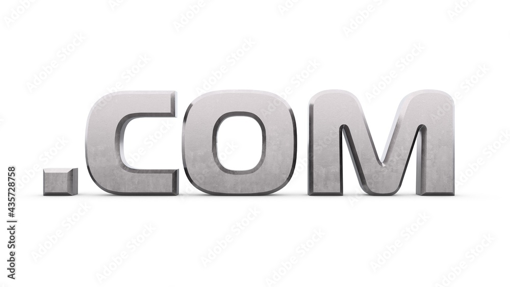 Gray metallic 3d text ".COM" on a white background with a shadow at the ...