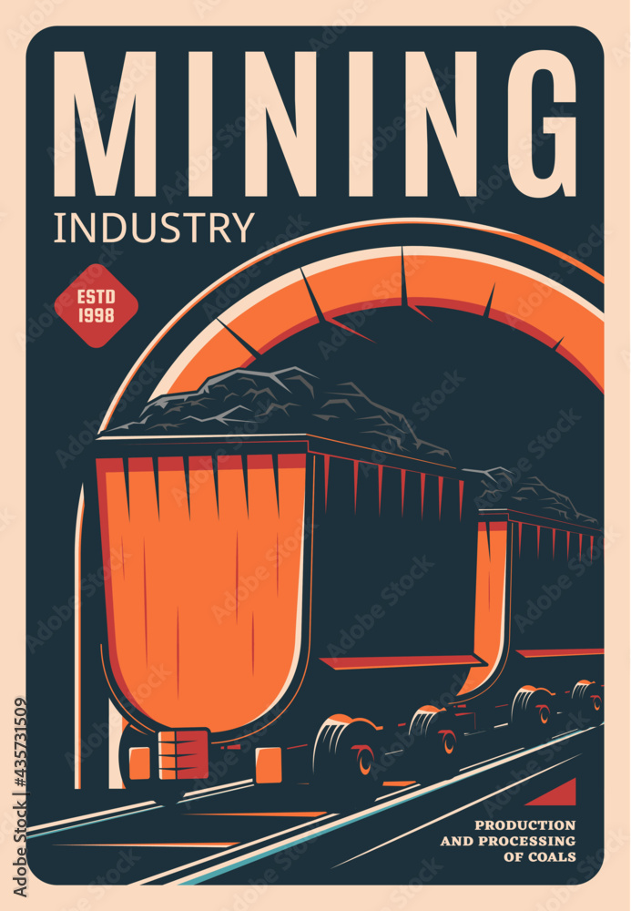 Mining industry retro poster, vector vintage card with mine trolley on ...