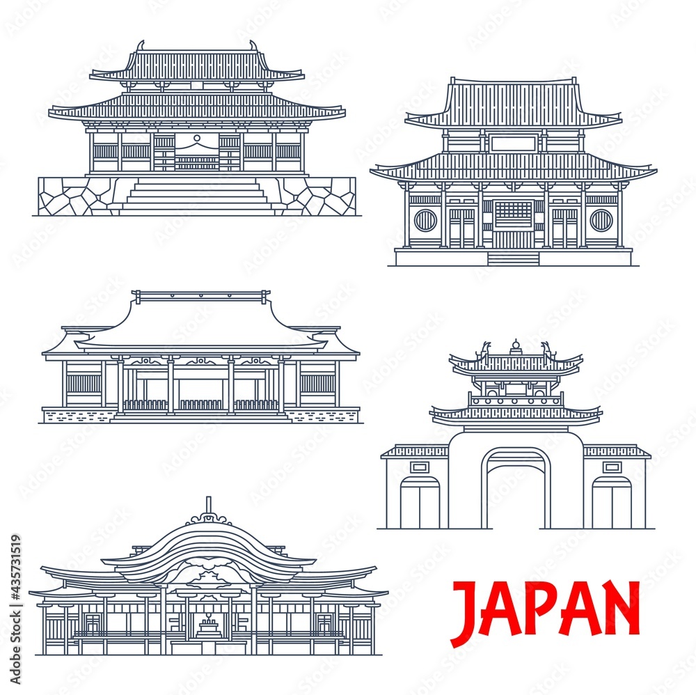 Vektorová grafika „Japan travel, Japanese architecture temples, pagodas ...
